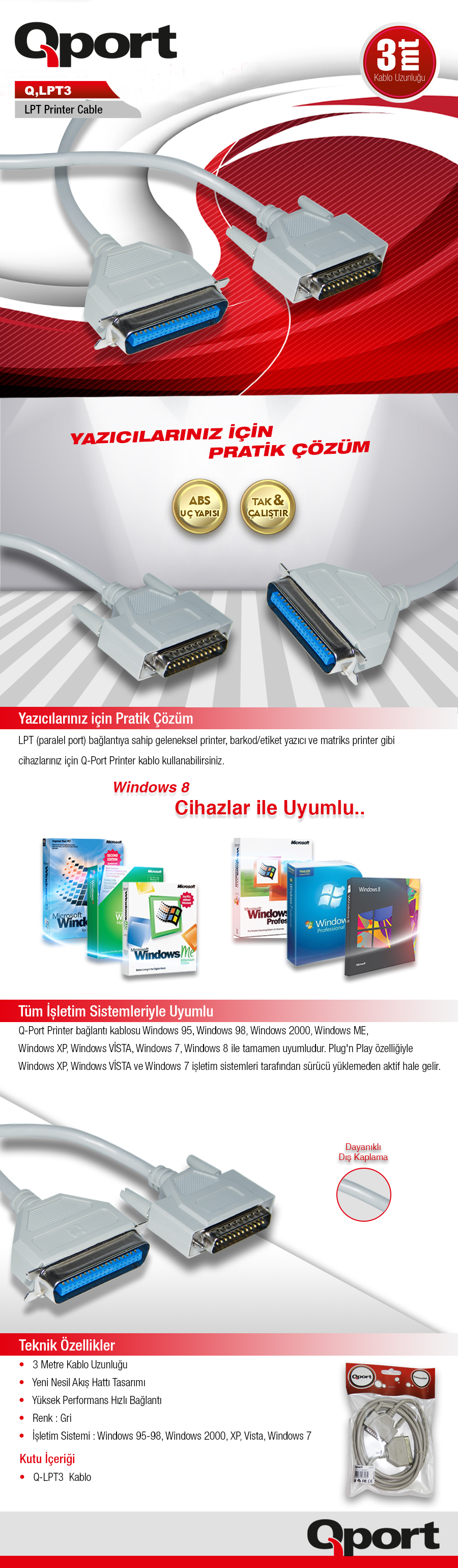 QPORT Q-LPT3 3MT LPT Yazıcı Kablosu