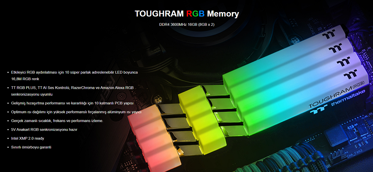 THERMALTAKE TOUGHRAM 16GB (2x8GB) 3600MHz DDR4 CL18 RGB Siyah PC Ram (BT-R009D408GX2-3600C18B)